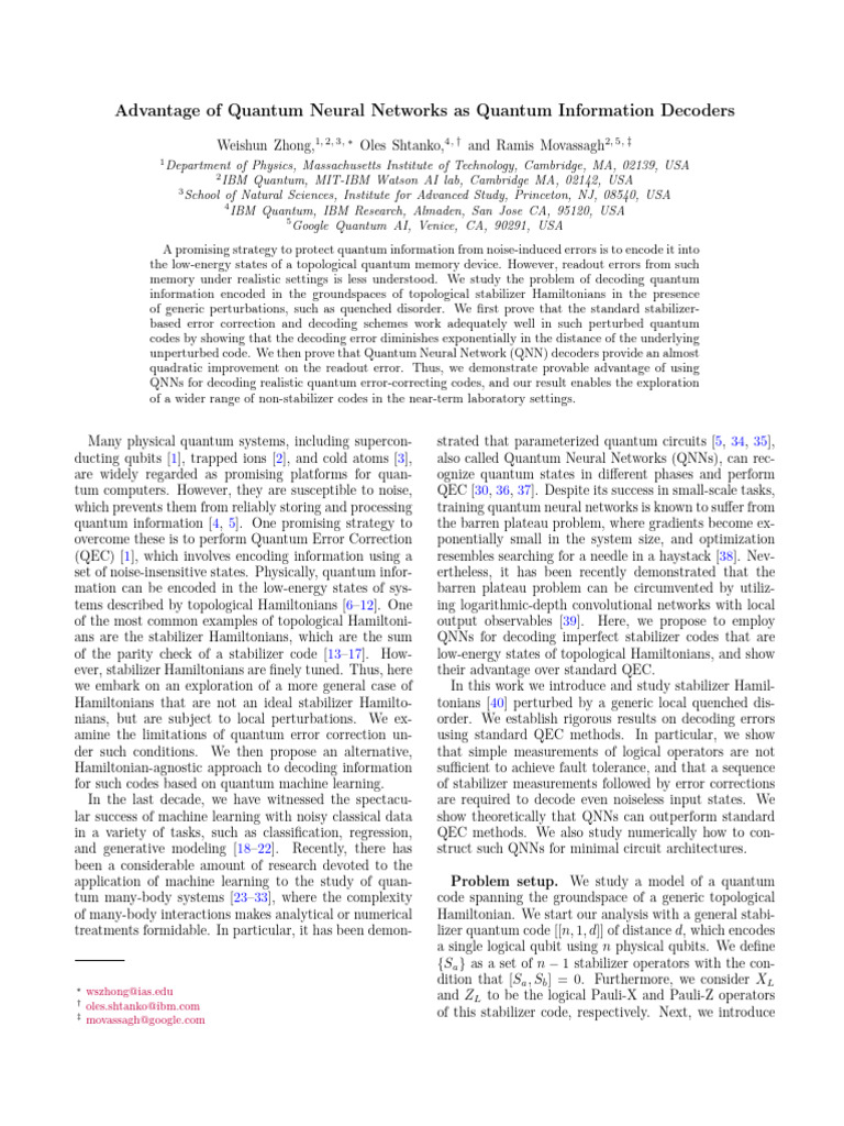Advantage of Quantum Neural Networks As Quantum Information Decoders | PDF | Perturbation Theory ...