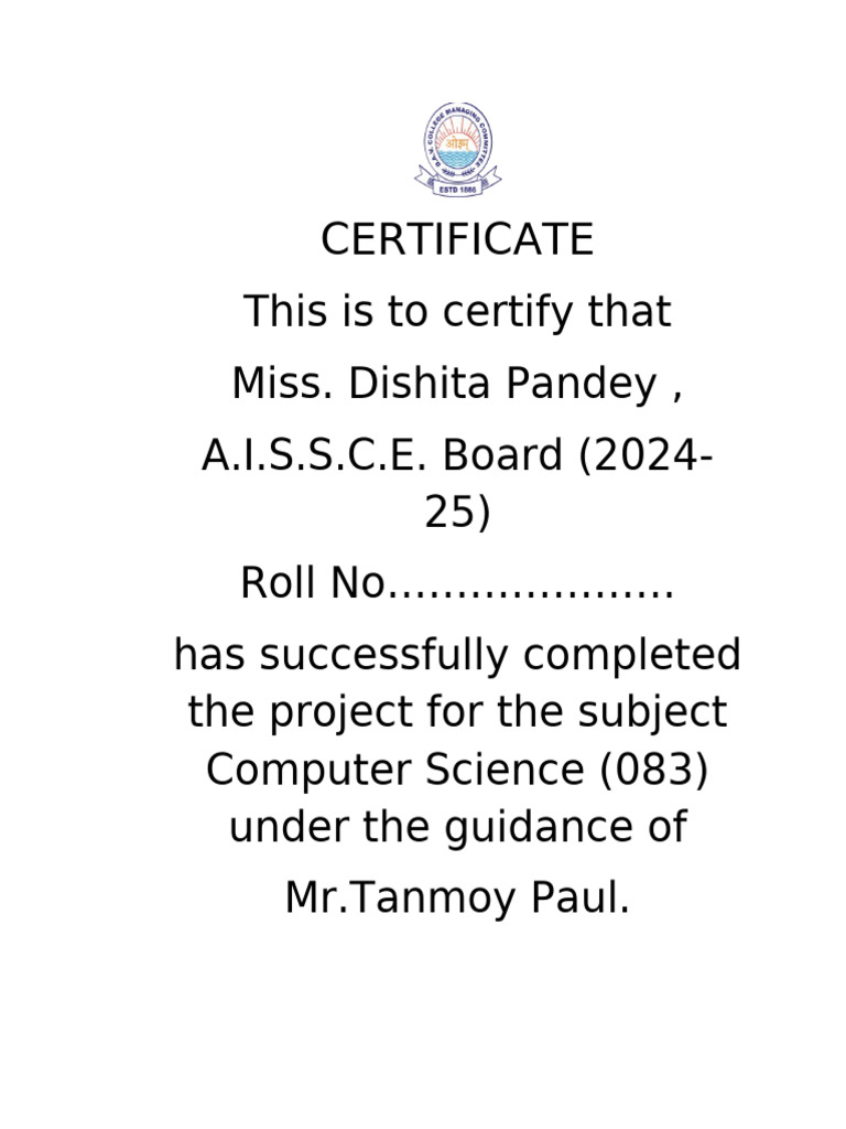 Computer Science Project Certificate | PDF