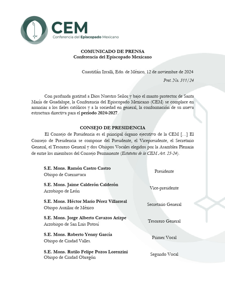 COMUNICADO PRENSA - Consejos Presidencia Permanente 2024-2027 | PDF | México | Organización de ...