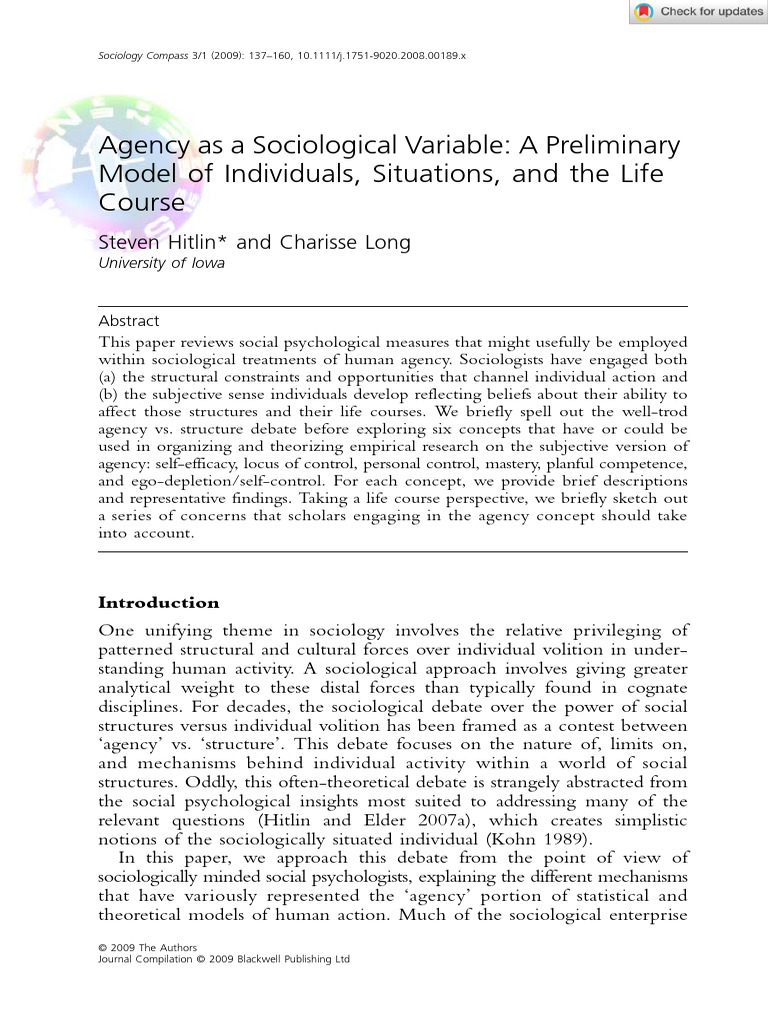 Sociology Compass - 2009 - Hitlin - Agency As A Sociological Variable A ...