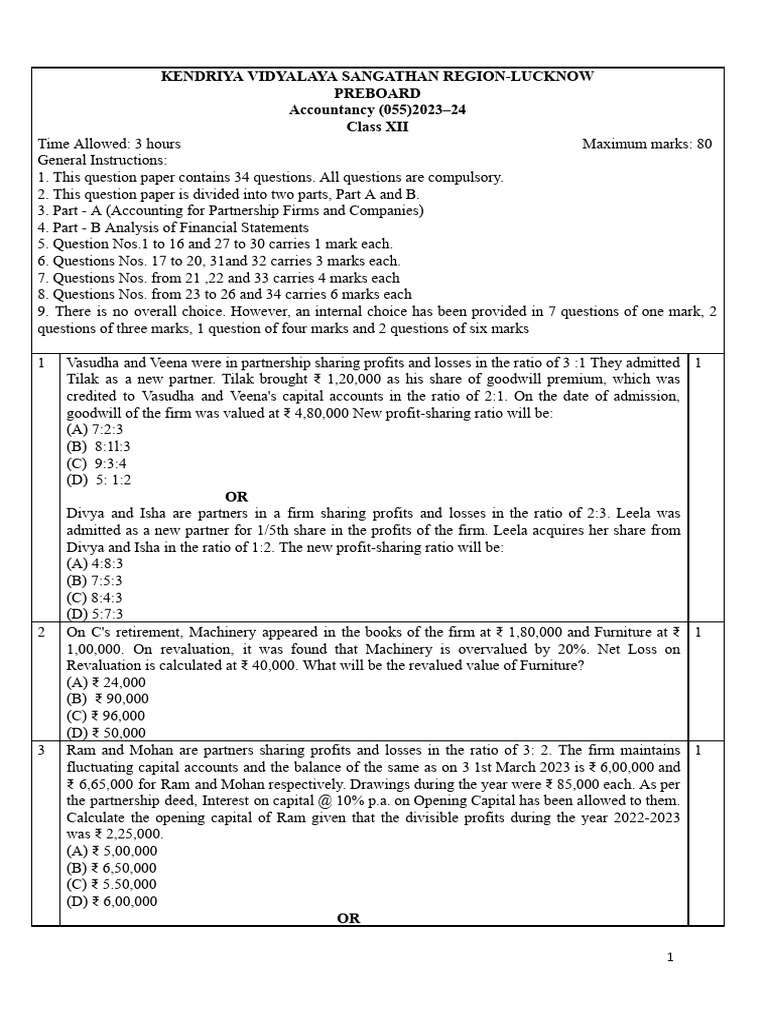 KVS Lucknow XII ACC QP & MS (1st PB) (23-24) | PDF | Balance Sheet | Expense