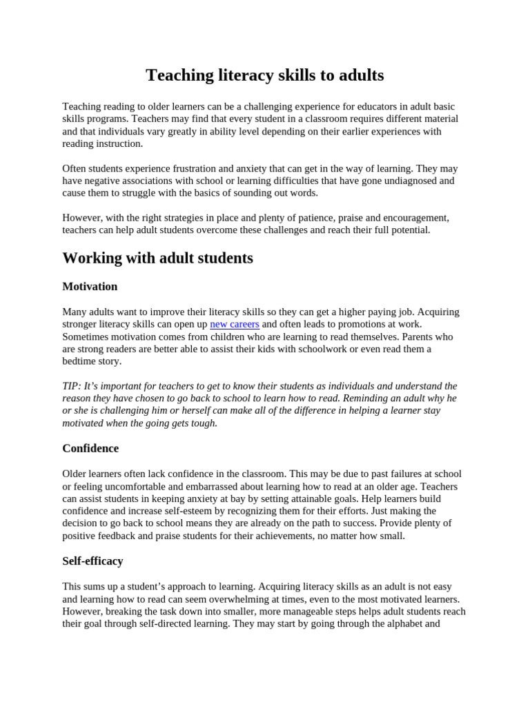 Teaching Literacy Skills To Adults | PDF | Vocabulary | Literacy