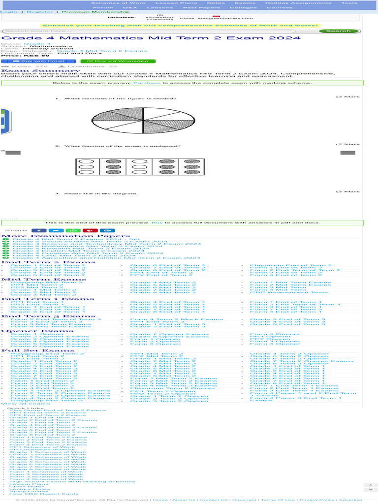 Grade 4 Mathematics Mid Term 2 Exam 2024 - 2651 | PDF