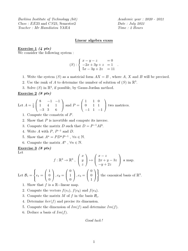 Algebra Exam 2 | PDF | Matrix (Mathematics) | Functions And Mappings