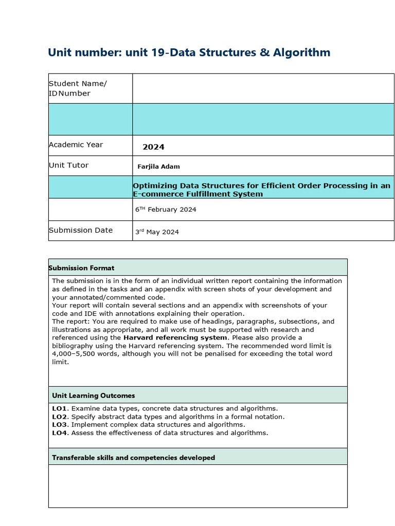 Unit 19 DSA RQF 2022-Spring 2024 (1) HND Brief | PDF | Data Structure | Algorithms