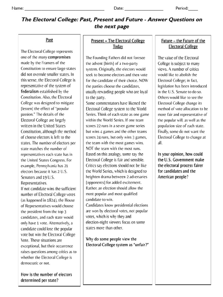 Electoral College 1 Handout 1 | PDF | Voting | Elections