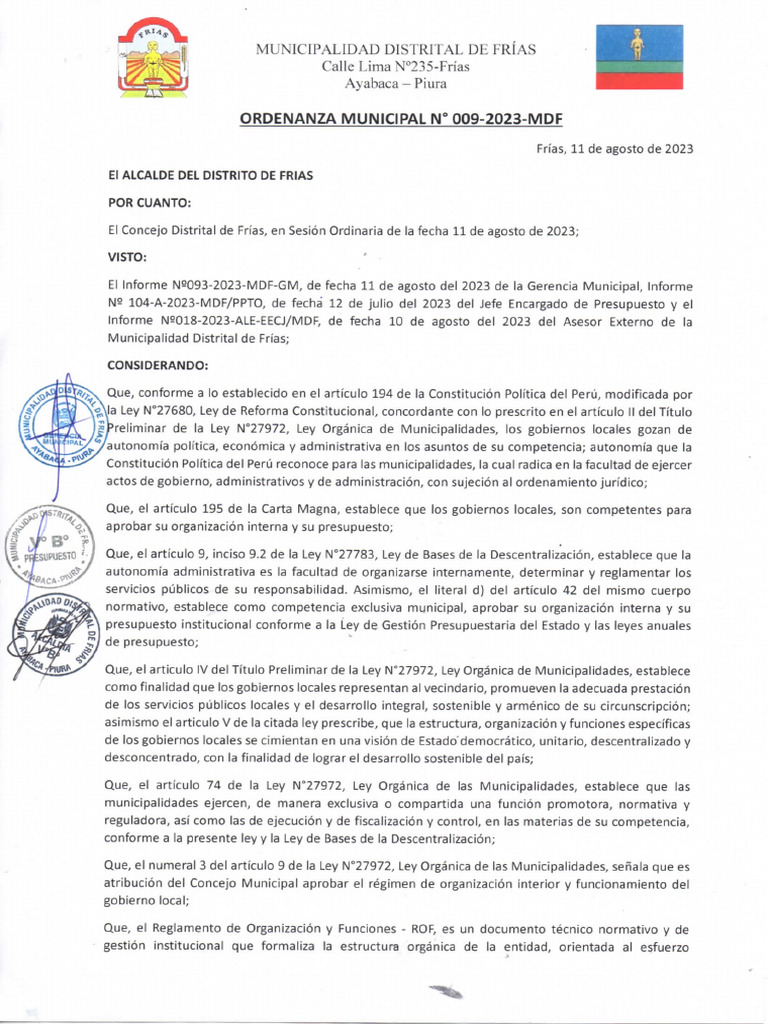 Ordenanza Municipal N 009 2023 MDF | PDF