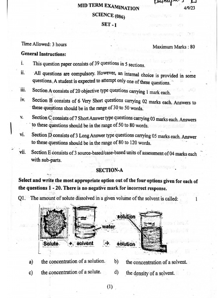 Class 9 Science Set 1 Sample Format | PDF