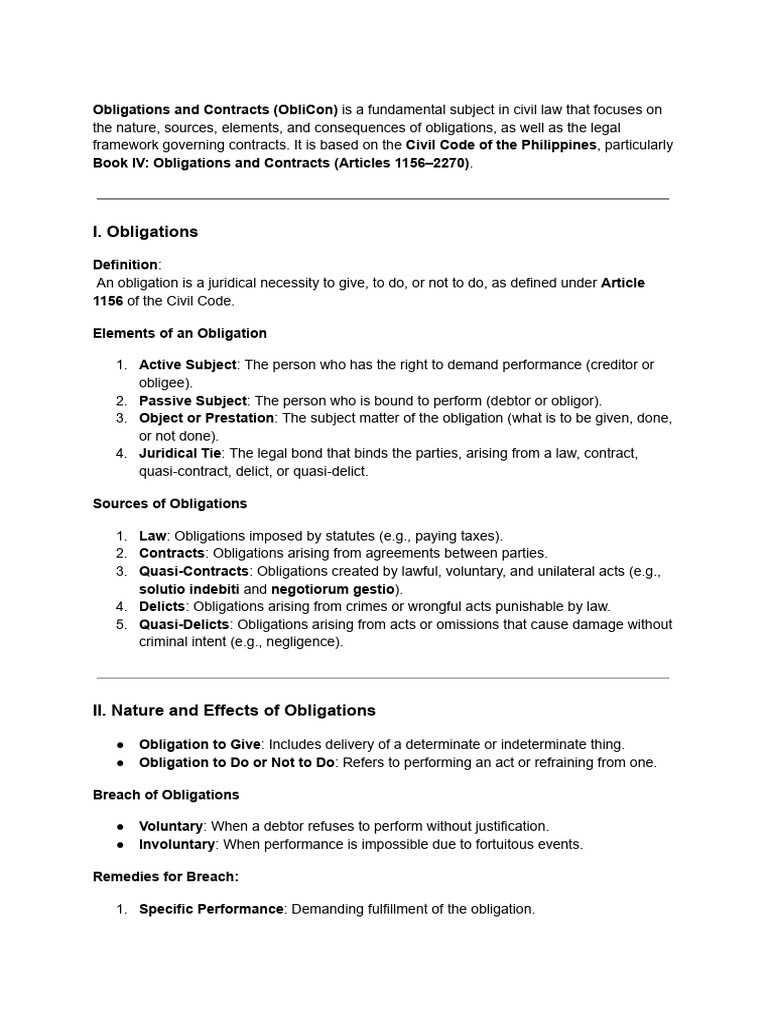 Obligations and Contract (Oblicon) | PDF | Law Of Obligations | Civil ...
