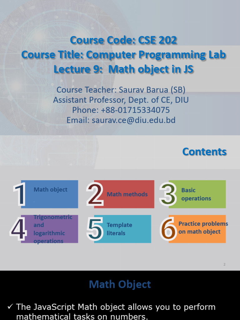 L9. Math Object in JS, CSE 202, BN11 | PDF | Trigonometric Functions | Trigonometry