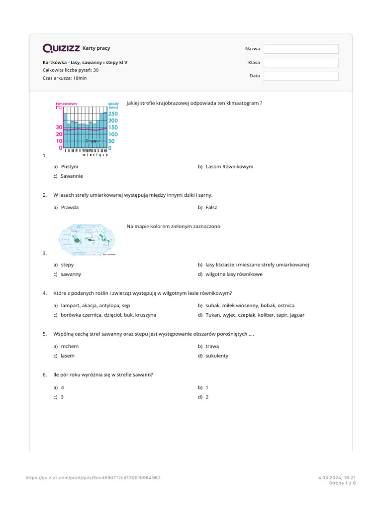Kartkówka - Lasy, Sawanny I Stepy KL V - Quizizz | PDF