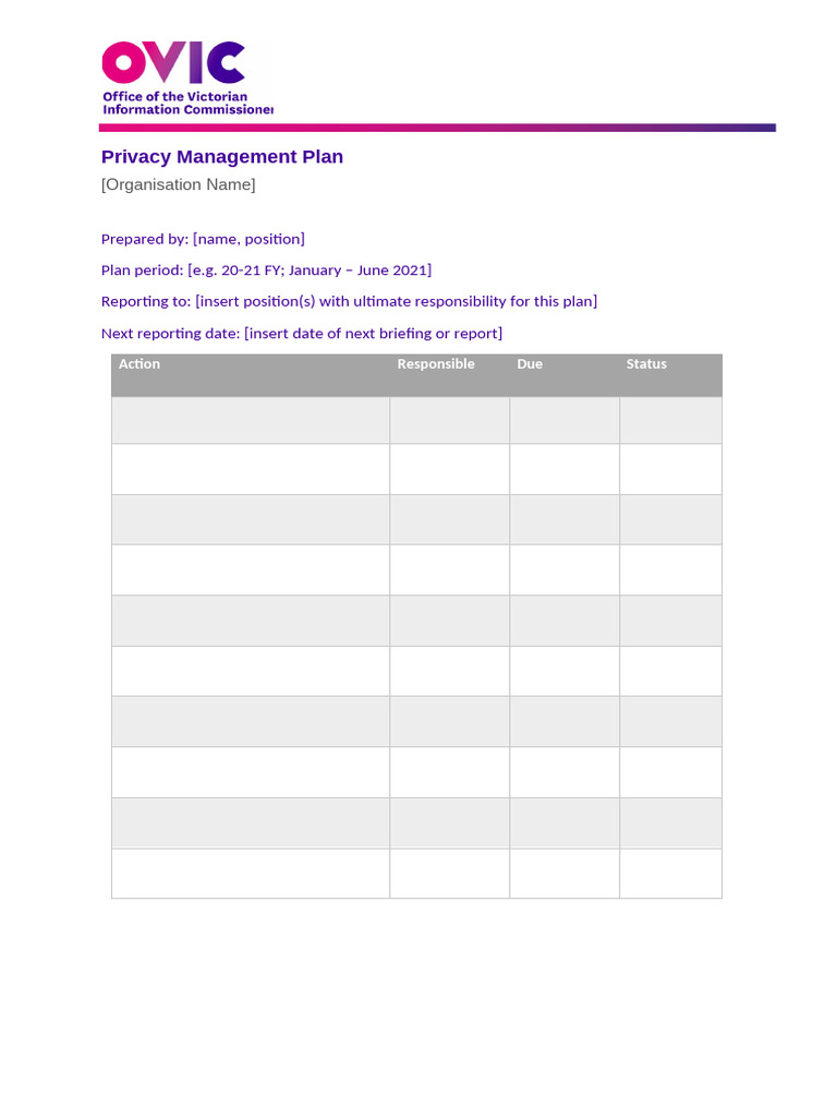 Sample Privacy Management Plan Simple Template | PDF