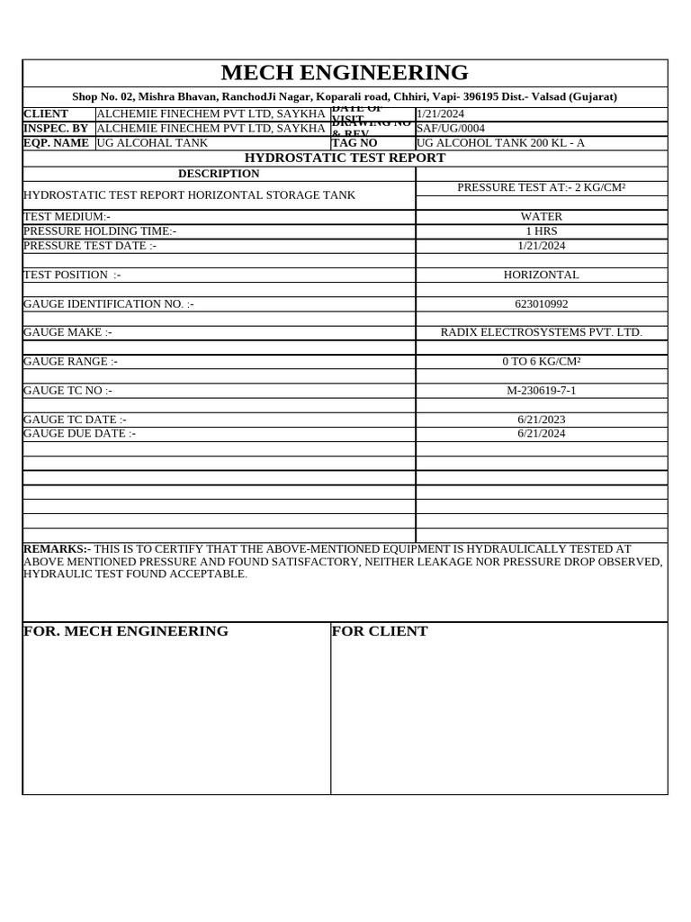 200 KL Tank Hydrotest Report | PDF