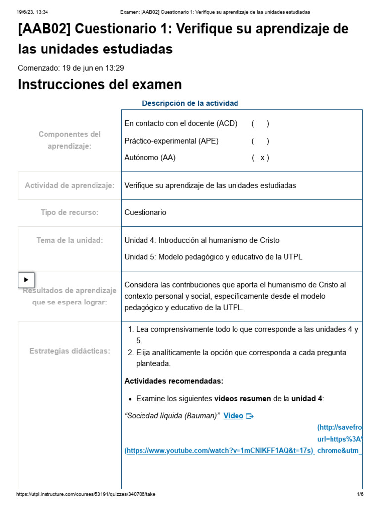 Cuestionario 1 - Verifique Su Aprendizaje de Las Unidades Estudiadas | PDF | Plan de estudios