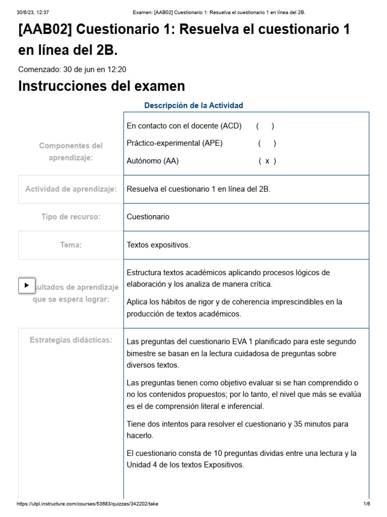 Cuestionario 1 - Resuelva El Cuestionario 1 en Línea Del 2B | PDF | Cuestionario