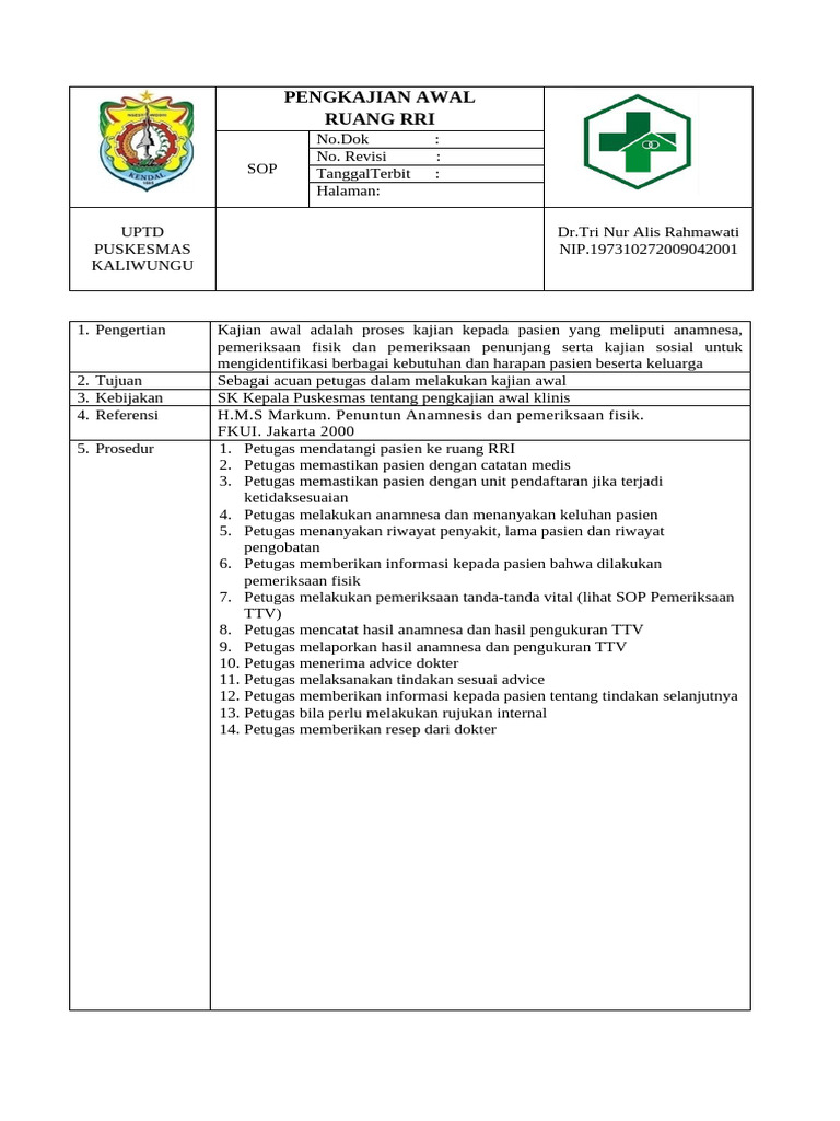 Sop Pengkajian Awal Rri | PDF