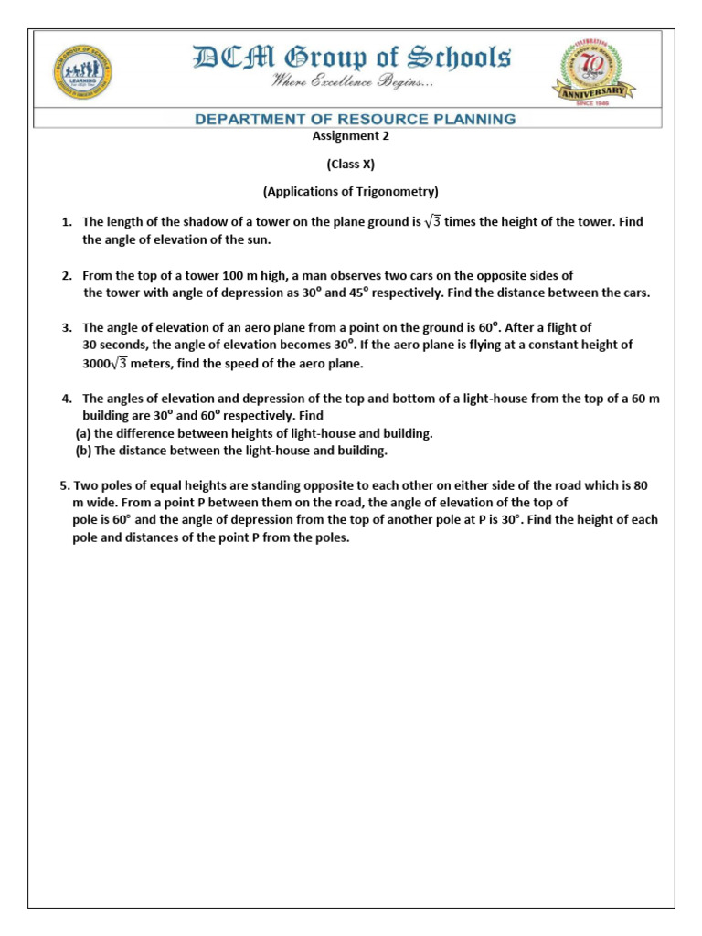 Applications of Trigonometry Worksheet | PDF