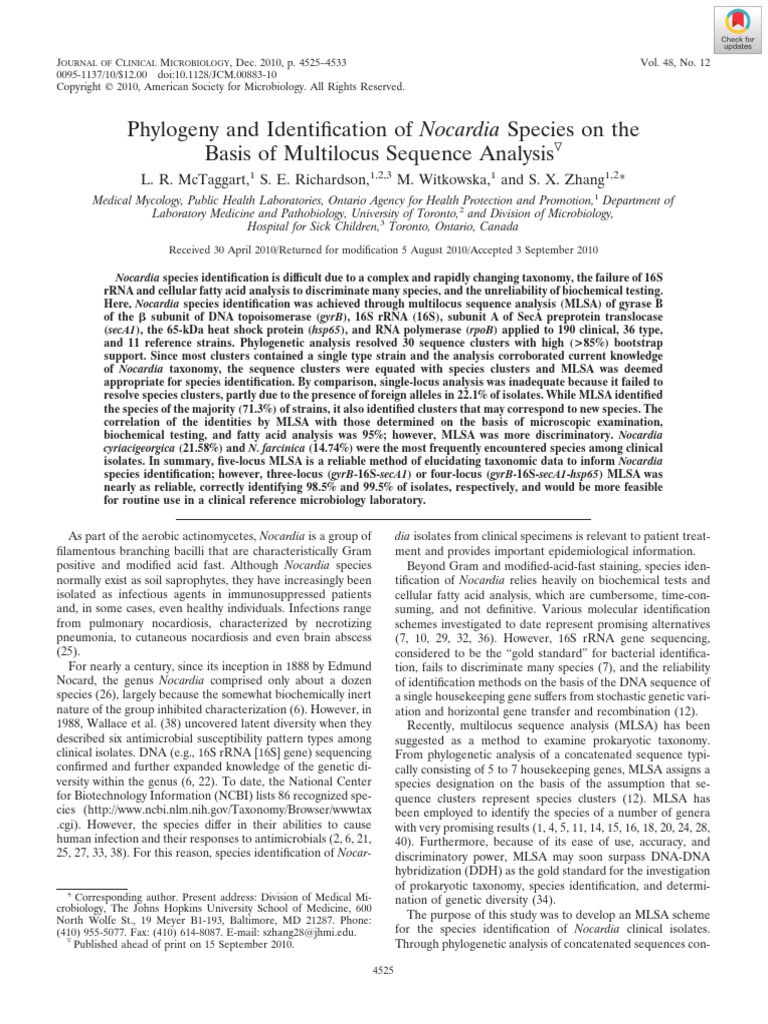 Mctaggart Et Al 2010 Phylogeny and Identification of Nocardia Species On The Basis of Multilocus ...