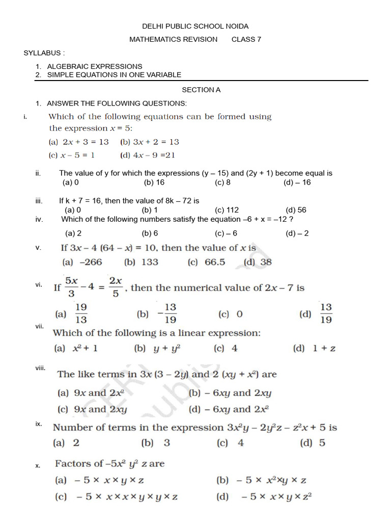 Revision Sheet - Algebraic Exp and Linear Eq | PDF