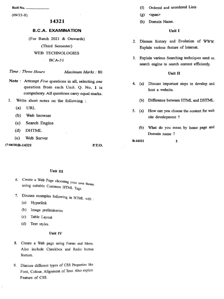 Bca 3 Sem Web Technologies 14321 Sep 2023 | PDF