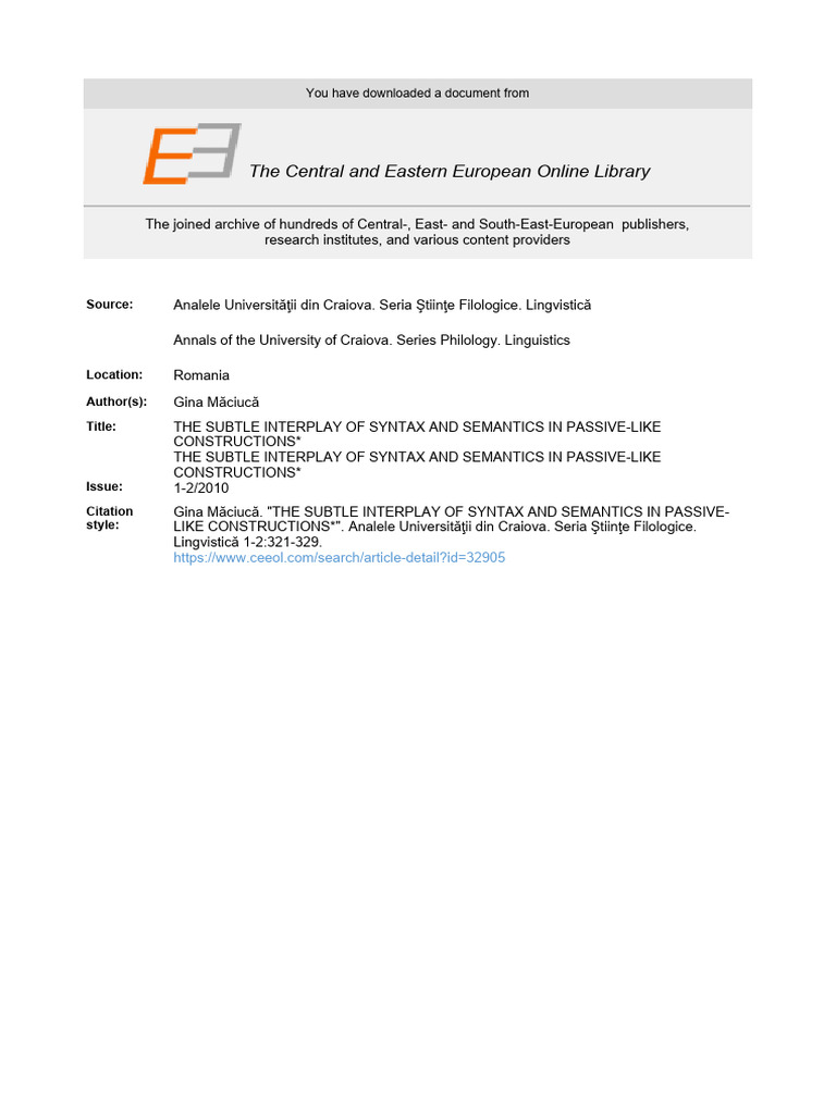 The Subtle Interplay of Syntax and Semantics in Passive-Like Constructions | PDF | Subject ...