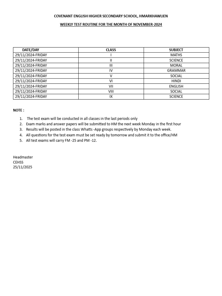 November 2024 Weekly Test Schedule | PDF