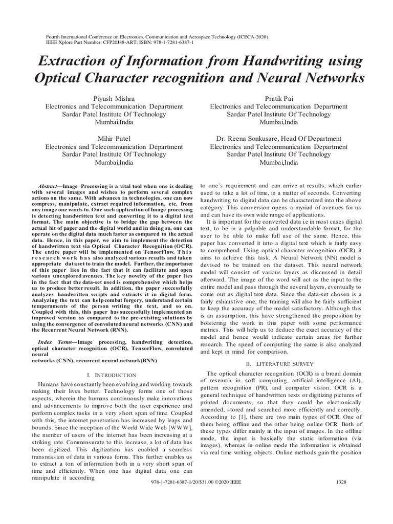 Extraction of Information From Handwriting Using Optical Character Recognition and Neural ...