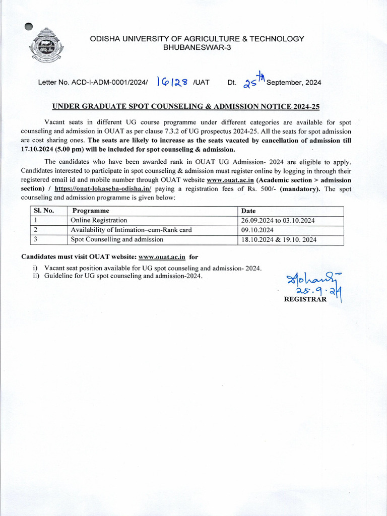 UG Spot Admission Notice 2024 | PDF