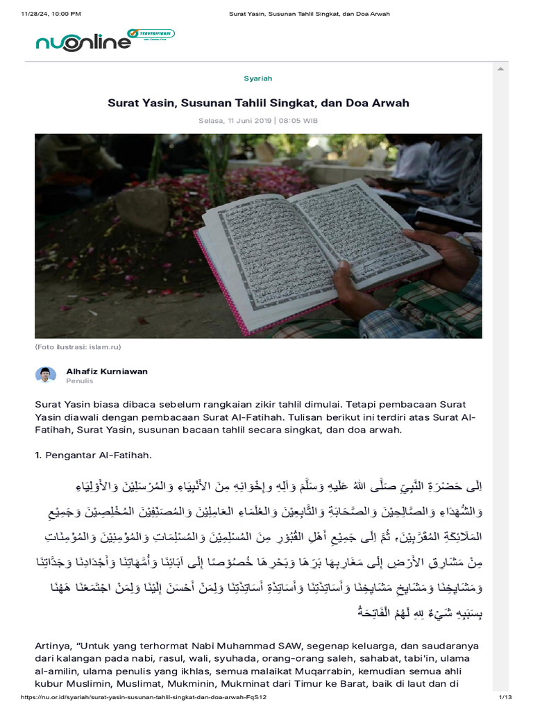 Surat Yasin, Susunan Tahlil Singkat, Dan Doa Arwah | PDF