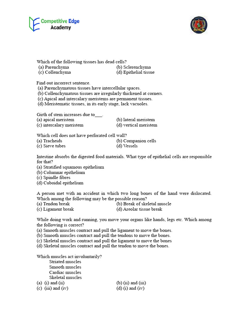 Tissues Self Evaluation Worksheet | PDF | Tissue (Biology) | Muscle