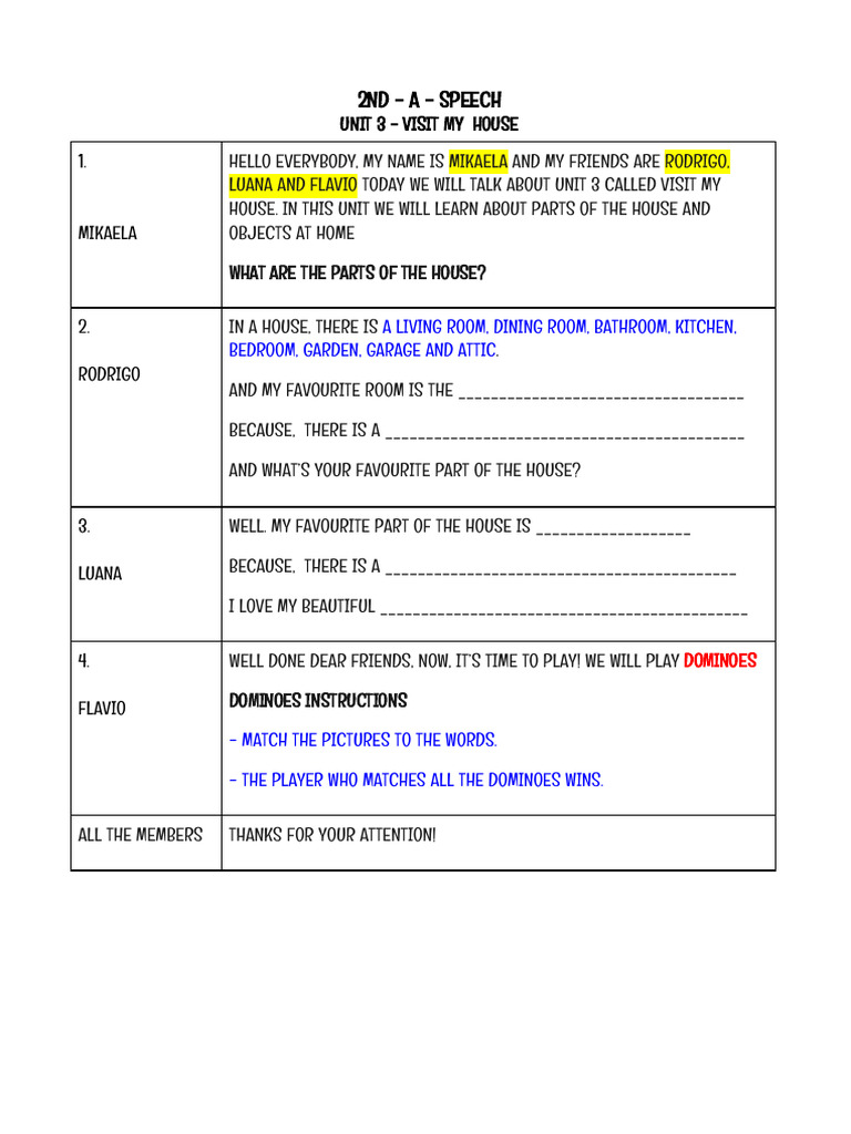 2ND - A - Speech - Unit 3 - Visit My House | PDF
