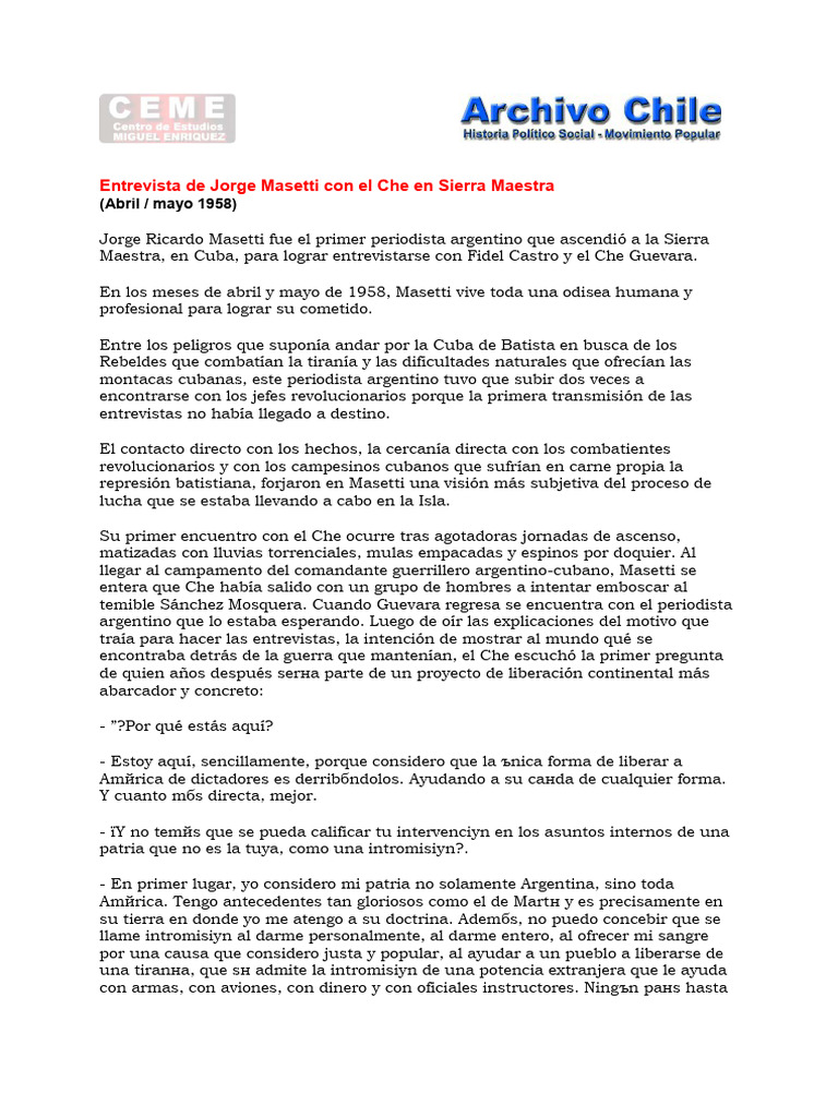 Entrevista de Jorge Masetti Con El Che en Sierra Maestra | PDF | Che ...