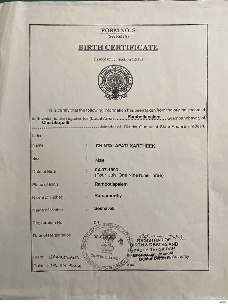 Kartheek Muddi Birth Cert | PDF