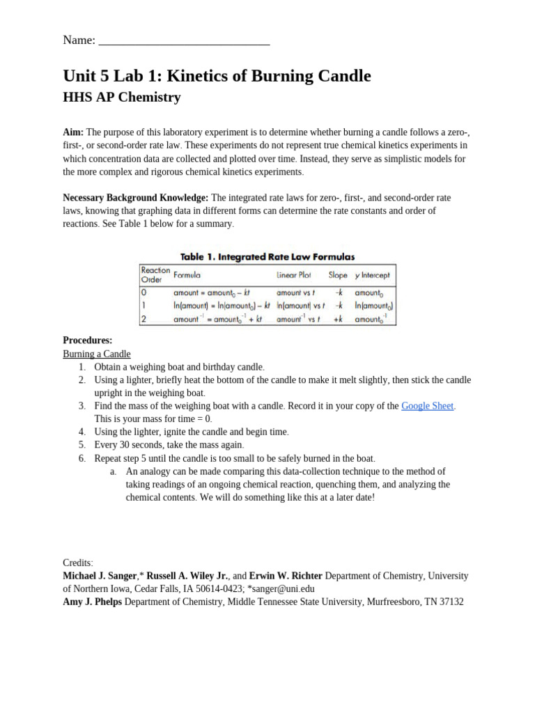 5 - Unit 5 Lab 1 - Kinetics of Common Processes | PDF