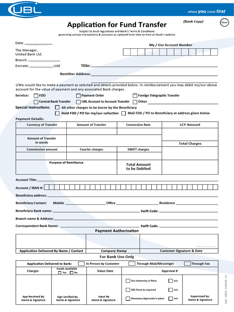 Fund Transfer Application Form | PDF | Wire Transfer | Banks