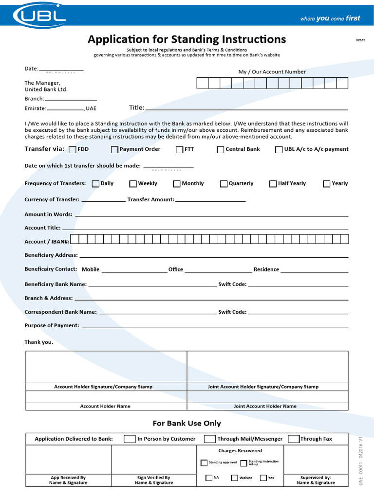 Standing Instruction Application Form | PDF | Banks | Personal Finance
