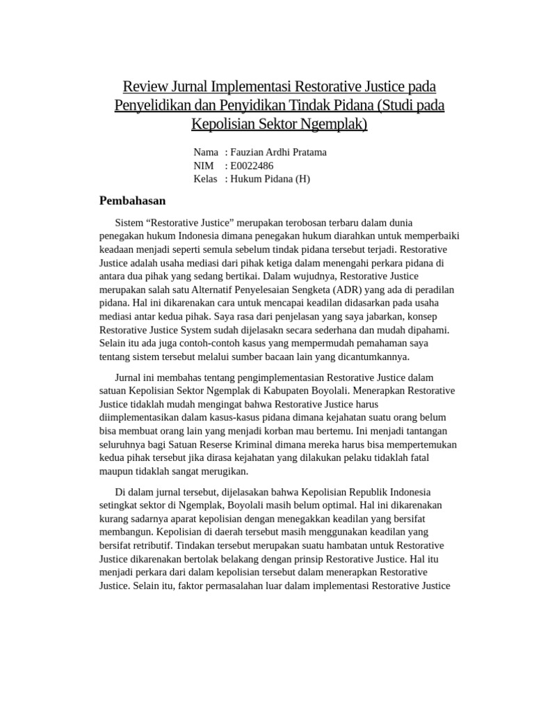 Review Implementasi Restorative Justice Pada Penyelidikan Dan Penyidikan Tindak Pidana (Studi ...