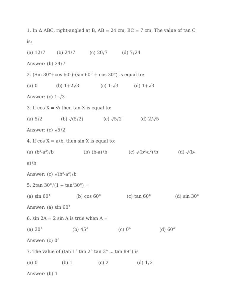 Class 10 Trigonometry Test Paper | PDF | Trigonometric Functions ...