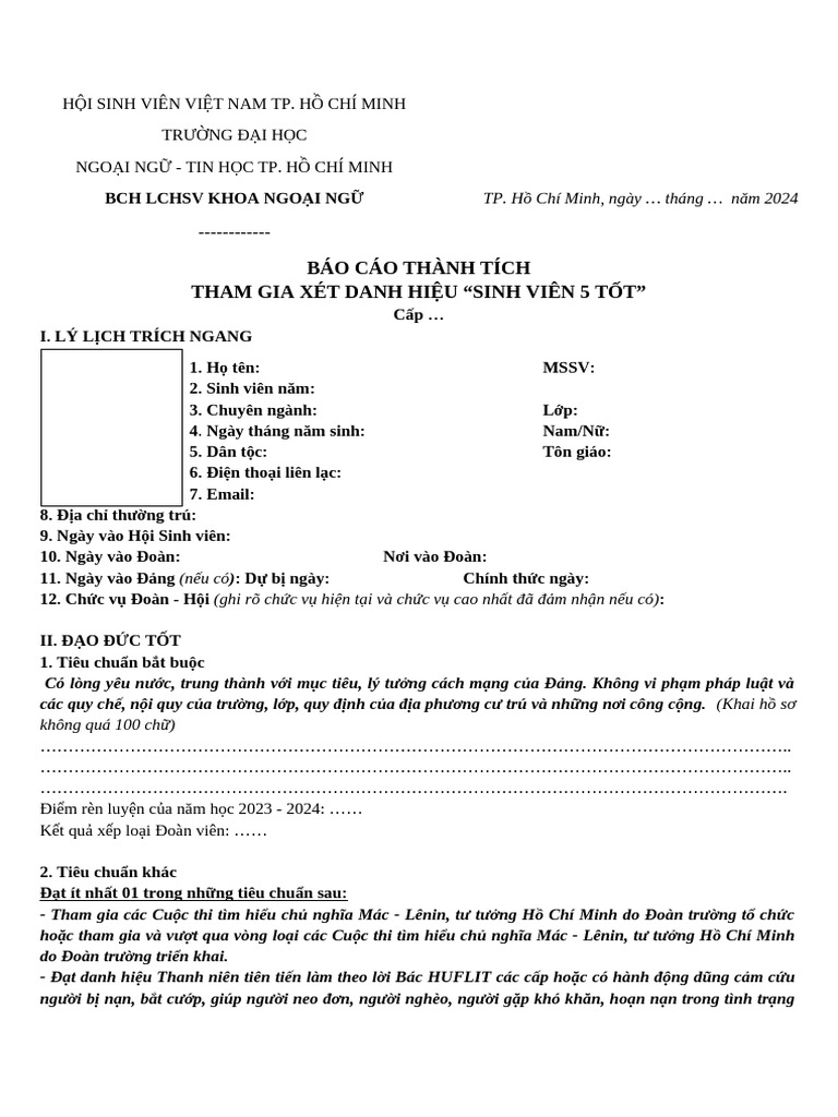 LCHSV NN Mau Bao Cao Thanh Tich Xet SV5T | PDF