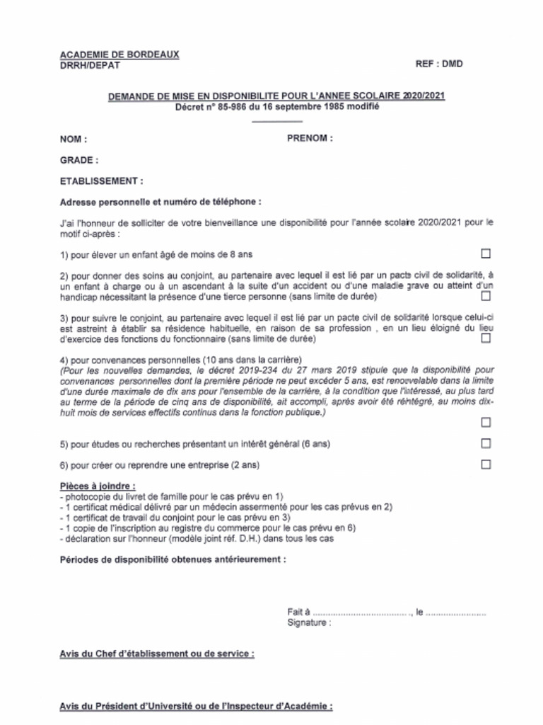 Demande de Mise en Disponibilite | PDF Demande de Mise en Disponibilite | PDF