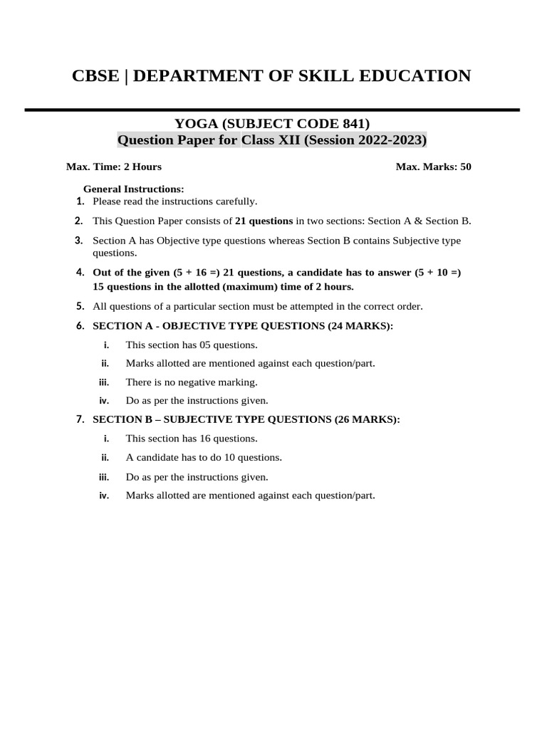 Class XII Yoga Question Paper 2022-23 | PDF | Yoga | Asana