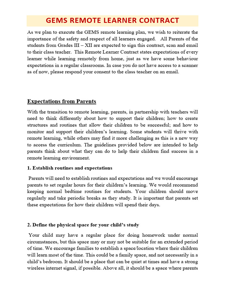 Gems Remote Learner Contract-Iii-Xii | PDF | Learning | Teachers