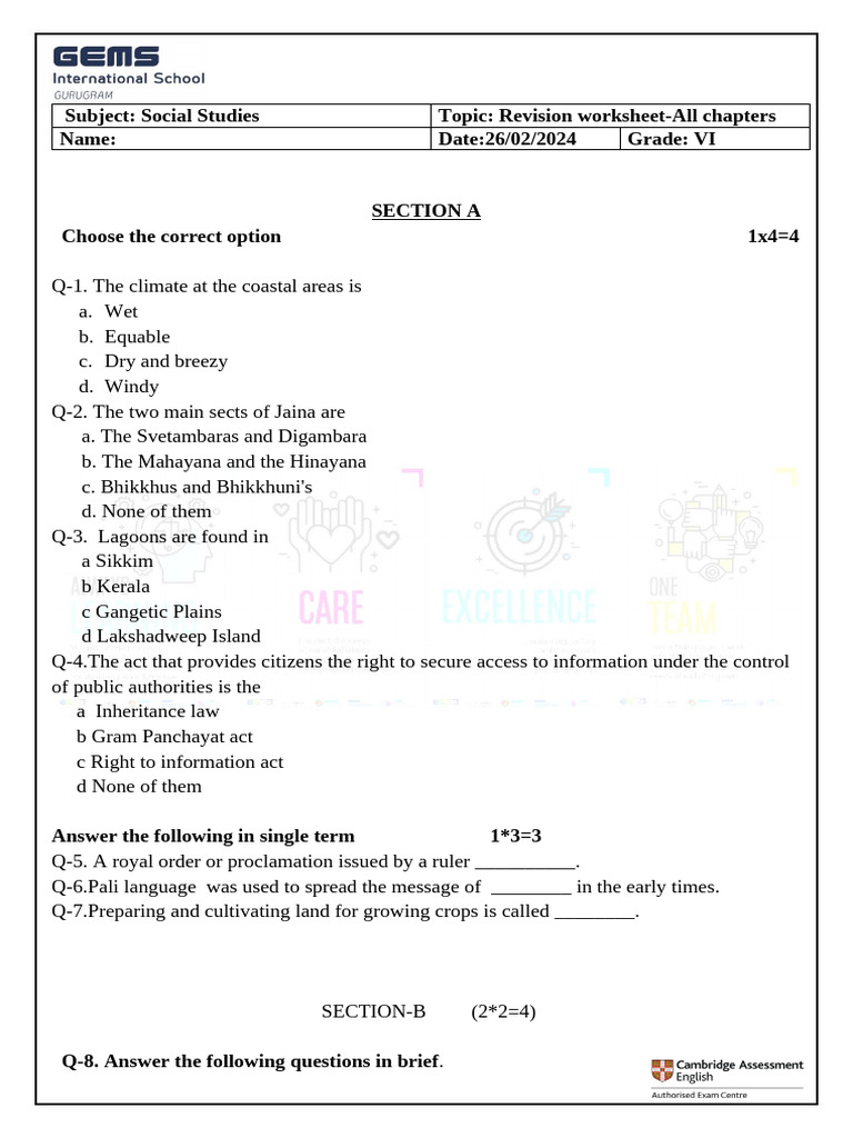 Revision Worksheet - All Chapters - Class 6-Mixed Bag 2 | PDF