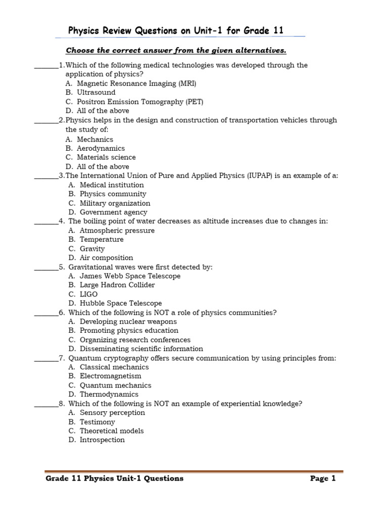 Grade 11 - Unit 1 - Physics and Human Society MCQ | PDF | Physics ...