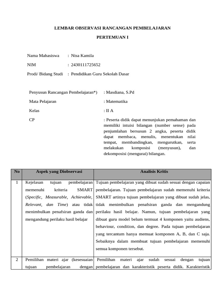 Pertemuan 1 Lembar Observasi Rancangan Pembelajaran | PDF
