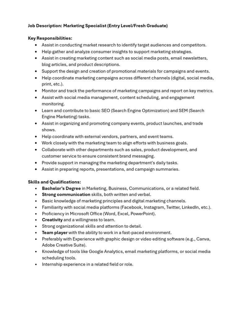 (HRM) Job Description-Marketing Specialist | PDF