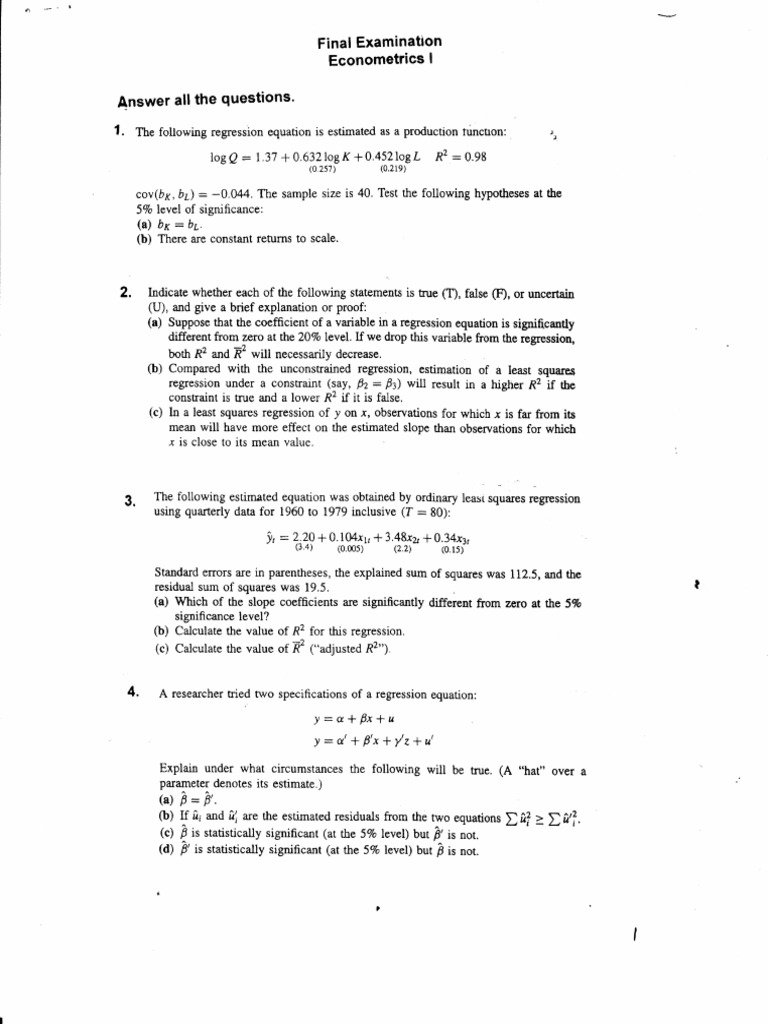 Final Exam - Econometrics I SP 2024 | PDF | Regression Analysis ...