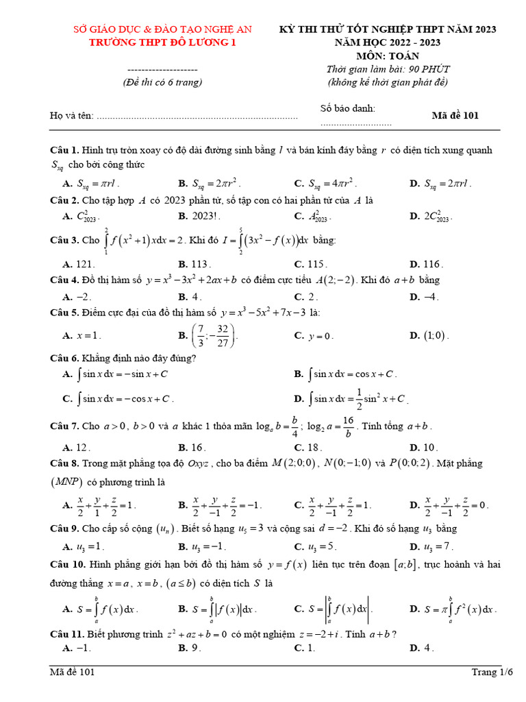 De Thi Thu Tot Nghiep THPT 2023 Mon Toan Truong THPT Do Luong 1 Nghe An | PDF