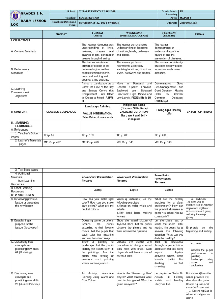 DLL_MAPEH-3-Q2-wk8 | PDF | Learning | Paintings