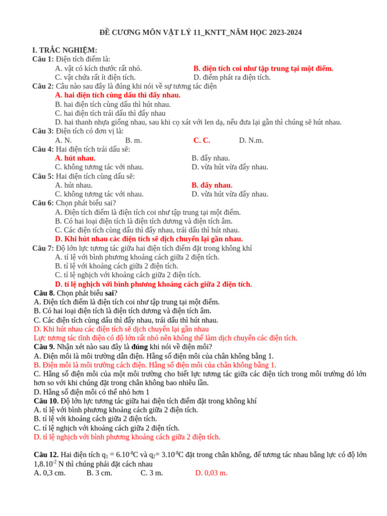 ĐỀ CƯƠNG LÝ 11 KNTT | PDF